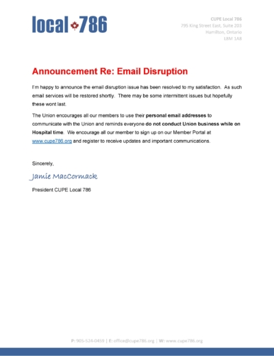 Announcement Re: Email Disruption – CUPE Local 786